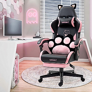 Vigosit Cute Gaming Chair with Cat Paw Lumbar Cushion and Cat Ears, Ergonomic Computer Chair with Footrest, Reclining PC Game Chair for Girl, Teen, Black Pink