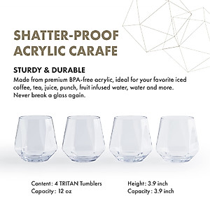 GRANDTIES 12oz Diamond Unbreakable TRITAN Cup set of 4, Plastic Drinking Glasses, BPA-free Stemless Wine Glass, Dishwasher Safe Tumbler, Made in Taiwan- Whisky, Cocktail, Pool, Highball, Party