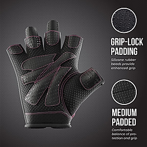 Contraband Pink Label 5137 Women's Padded Weight Lifting and Rowing Gloves w/Grip-Lock Padding (Pair) - Machine Washable Fingerless Workout Gloves Designed Specifically for Women (Pink, Small)