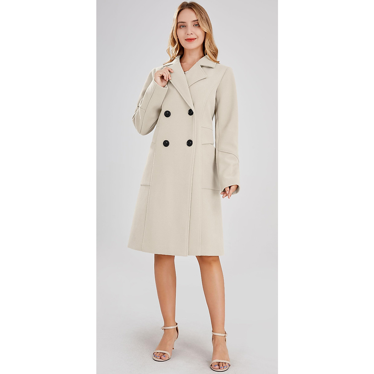 chouyatou Women's Basic Essential Double Breasted Mid-Long Wool Blend Pea Coat (Small, Off White)