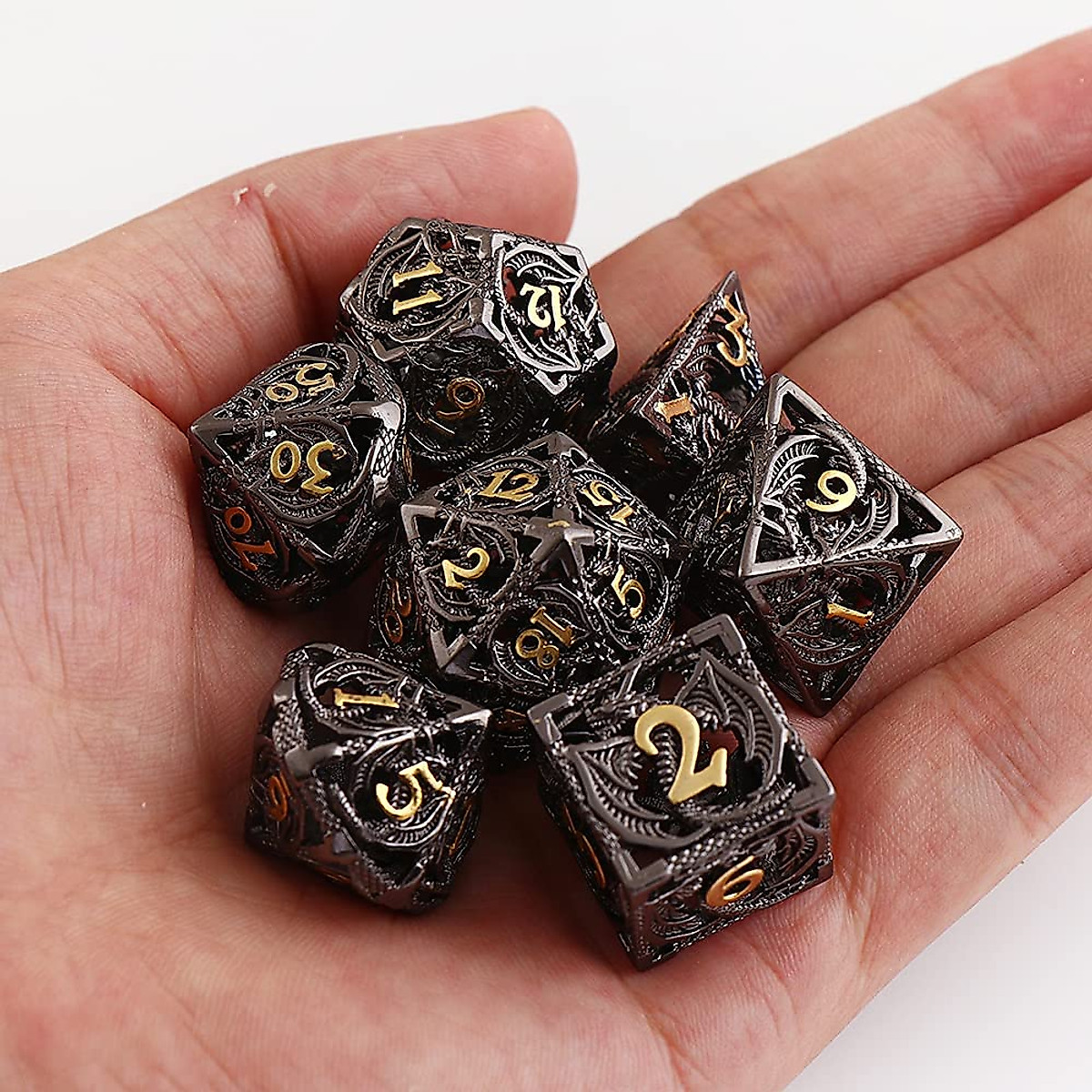 Hollow Metal D&D Dice Set with Gift Box, DND Role Playing Game D20 D12 D10 D8 D6 D4 Polyhedral Dice Set for Dungeons and Dragons Pathfinder Shadowrun Math Teaching RPG, Black Gold