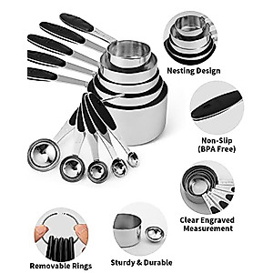 Joyhill Stainless Steel Measuring Cups and Spoons Set of 10 Piece, Nesting Metal Measuring Cups Set with Soft Touch Silicone Handles for Dry and Liquid Ingredients, Cooking & Baking (Black)