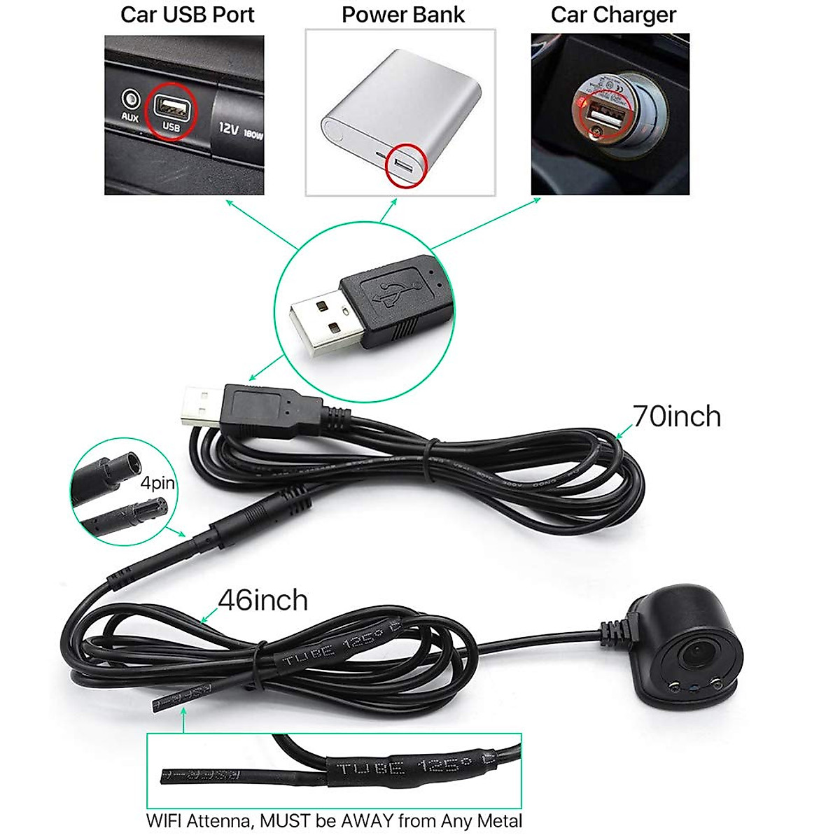 Polarlander 5V Car USB Wireless WiFi Blind Spot Front Rear Side View DVR Camera 1280 * 720 WiFi Car Camera for iPhone and Android by APP