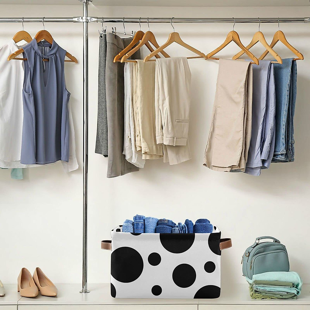 Kigai Black and White Polka Dot Storage Basket, Foldable Canvas Cube Storage Bin with Handles for Home Office Closet, 1pcs