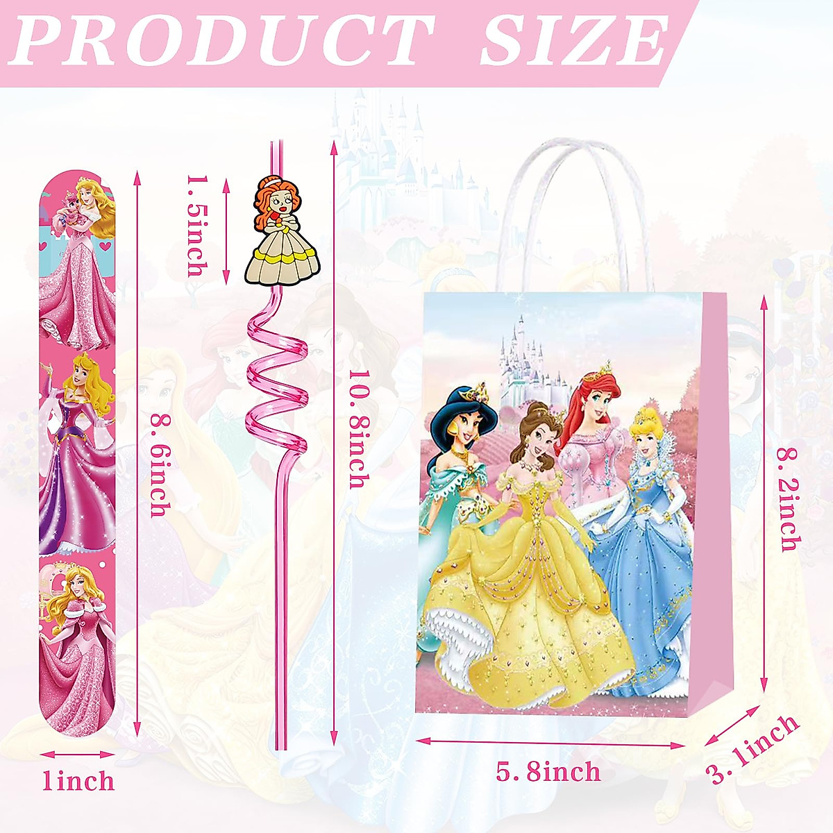 Princess Birthday Party Supplies, Princess Party Decorations Includes 12 PCS Slap Bracelets, 12 PCS Princess Paper Bags, 12 PCS Straws, 20 PCS Temporary Tattoo Stickers for Birthday Party