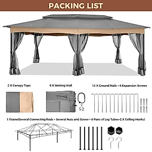 COBIZI Gazebo 10x20 Heavy Duty Patio Gazebo with Mosquito Netting Deck Gazebo with Metal Steel Frame Large Screen Gazebo Tent Waterproof with Double Roof for Backyard, Deck, Garden