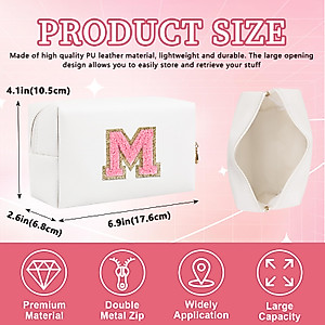 Personalized Initial Letter Patch Makeup Bag, Preppy Portable Chenille Letter Cosmetic Bag with Zipper, PU Leather Waterproof Travel Toiletry Bag Monogram Make Up Pouch for Women Girls(Letter M)