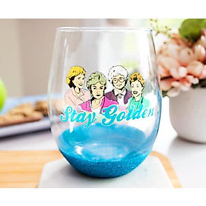 The Golden Girls "Stay Golden" Glitter Teardrop Stemless Wine Glass | Tumbler Cup For Mimosas, Cocktails | Holds 20 Ounces