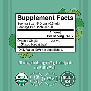 USDA Organic Ginkgo Leaf Liquid Drops by MaryRuth's | Traditional Herb | Nootropic, Neuroprotective | Traditional Use for Circulatory System and Nervous System Health | Non-GMO, Vegan | 60 Servings