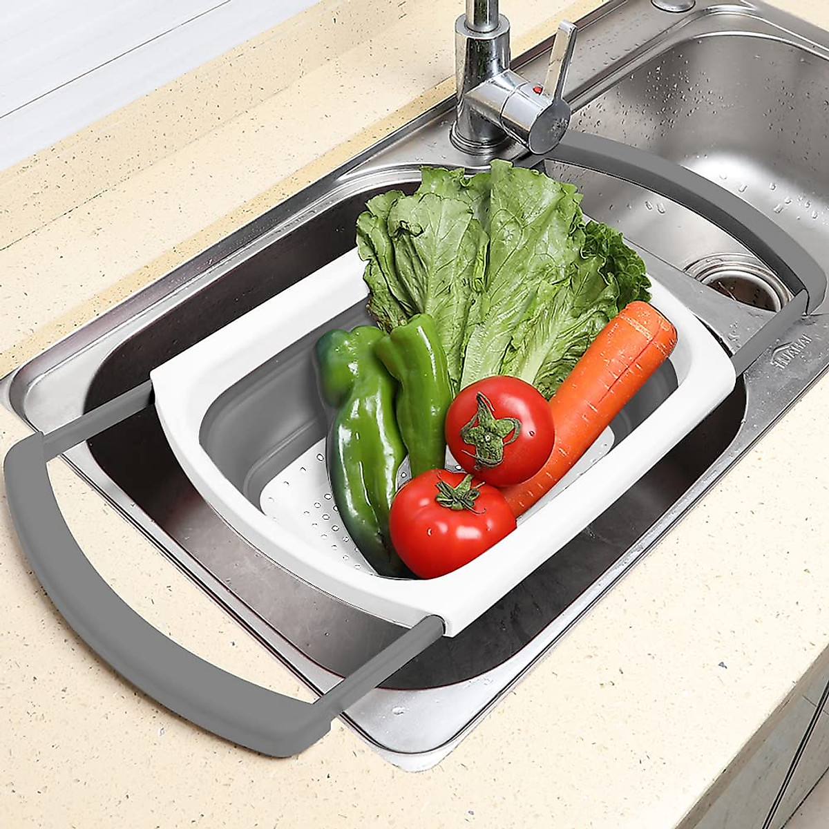 QiMH Collapsible Colander Set of 3-1pc 6 Quart Over the Sink Silicone Strainer - 1pc 4 Quart and 1pc 2 Quart Folding Strainers - Dishwasher Safe(grey&white)