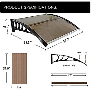 Choies 40" x 40" Window Awning Polycarbonate Door Canopy Cover Outdoor Patio Front Door Garden Awning Canopy UV Rain Snow Sunlight Protection One Piece Hollow Sheet,Dark Brown Canopy/Black Bracket