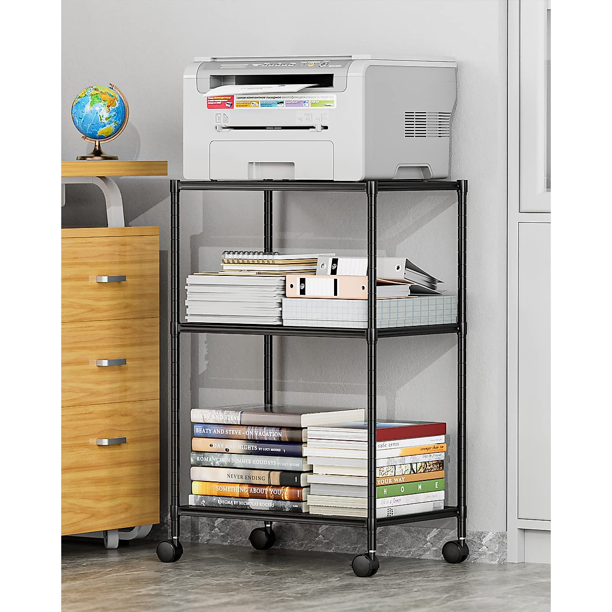 OVICAR 3-Tier Wire Storage Shelves, Adjustable Shelving Units with Wheels, Steel Metal Storage Rack for Kitchen Pantry Closet Bathroom Laundry, Durable Organizer Garage Tool Storage Shelf