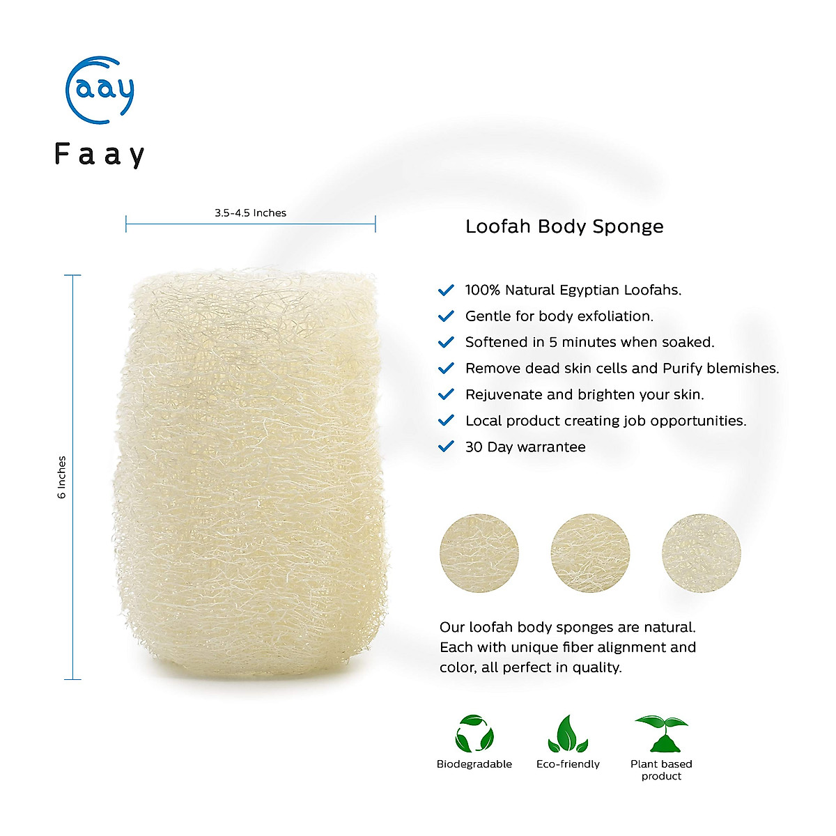 FAAY 4 Pcs Premium Natural Exfoliating Loofah Sponge: 6" Eco-friendly Unbleached Luffa Body Scrubber Rejuvenating Your Skin for Men and Women. Paraben Free Bath Sponge, Shower Loofah