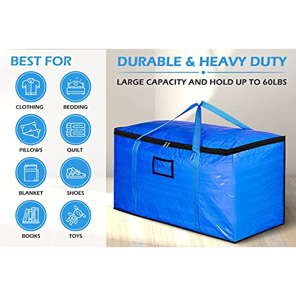 SLEEPING LAMB 110L Extra Large Moving Bags Heavy Duty Reusable Moving Totes Boxes Storage Containers for Clothes Comforters Blankets, Carrying, Travelling, College Dorm Packing, 4 Packs, Blue