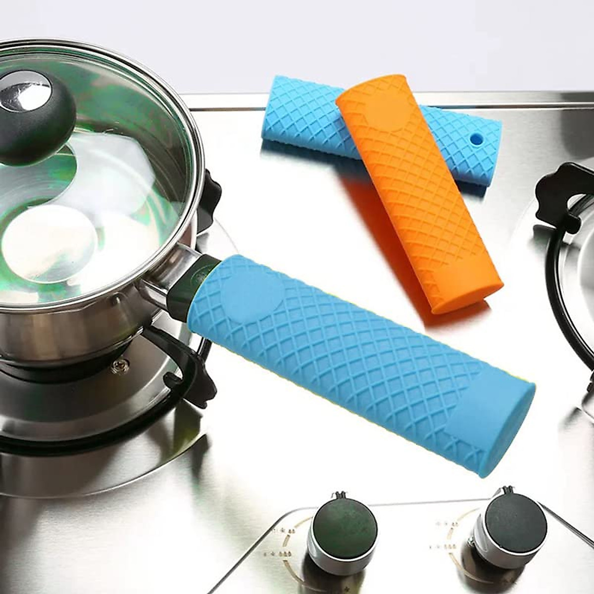 MroMax Silicone Hot Handle Holder 6.1 Inch Non Slip Potholder Heat Resistant Pot Handle Sleeve for Cast Iron Pot Woks Frying Pans Griddles Skillets Oven Blue 4Pcs