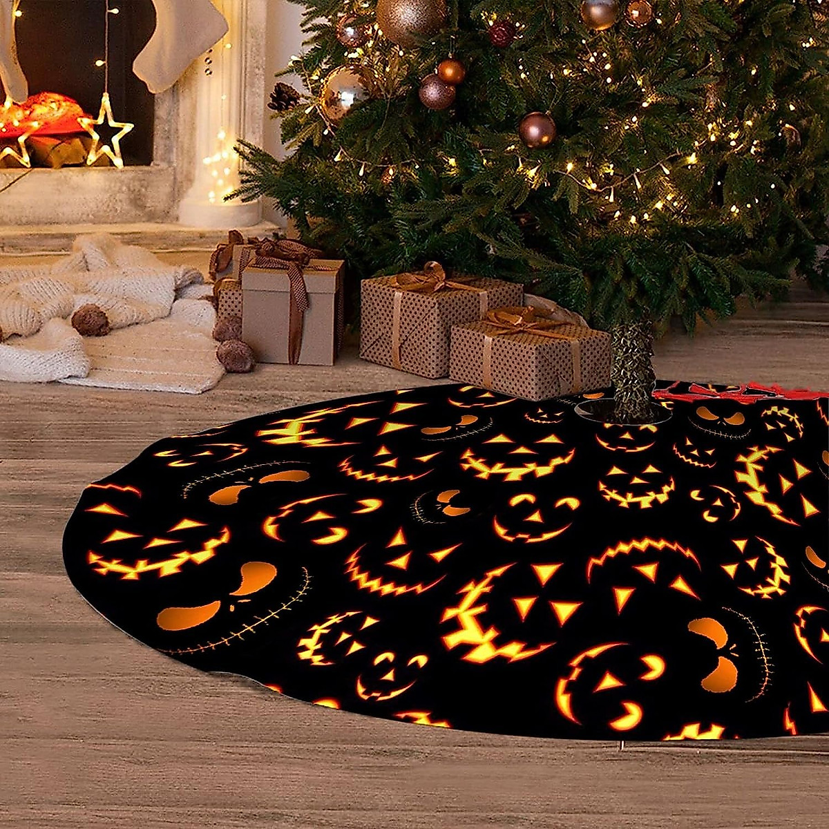 Halloween Tree Skirt 36Inch Pumpkin Smile Face Halloween Christmas Tree Decoation Horror Skulls Tree Skirt for Holiday Home Party Decor