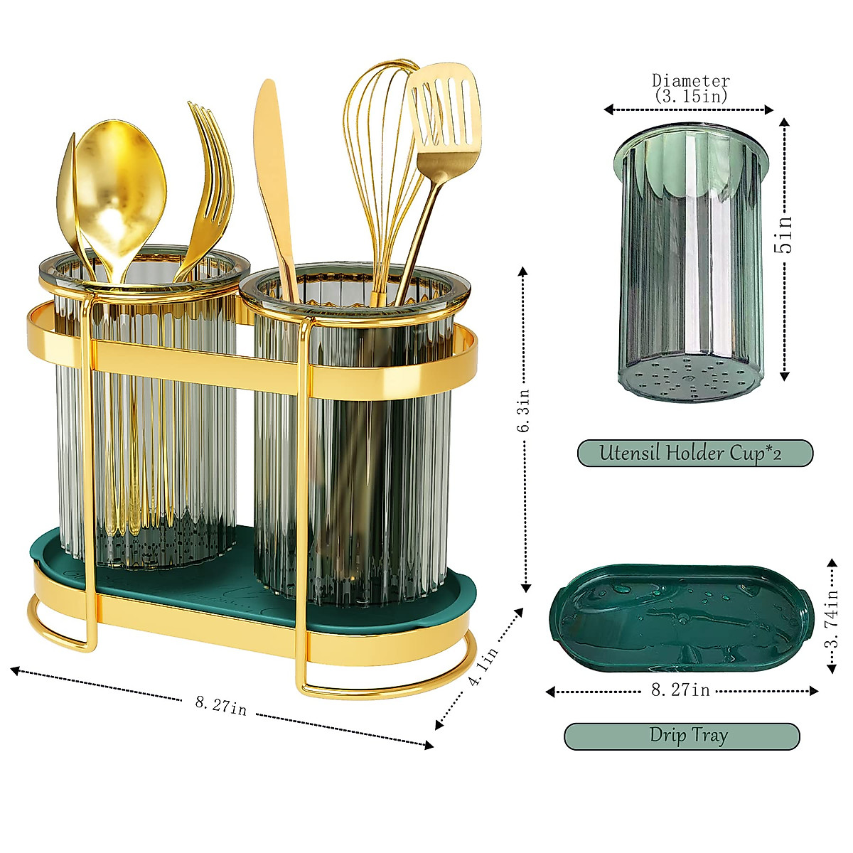 Zarnicy Kitchen Utensil Holder for Countertop - Cooking Utensils Silverware Caddy Organizer, Flatware Storage Cutlery Crock, Upgraded 2-Cups Drying Utensil Container With Drain Tray