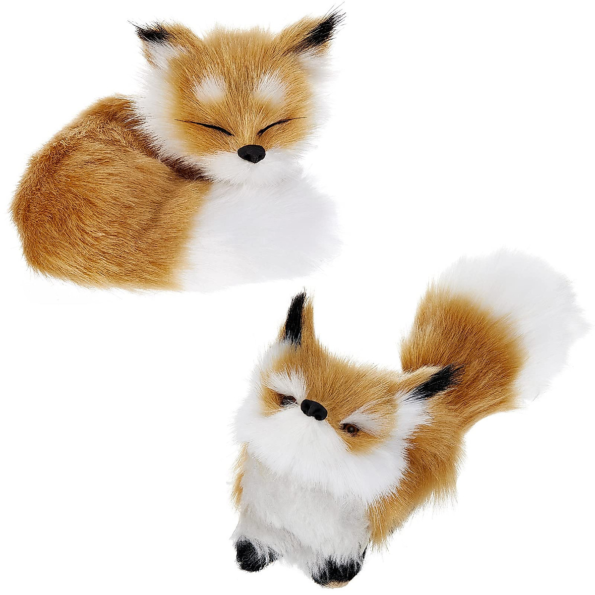 Simulation Fox Toy 2 Piece Fur Fox Model Stuffed Fox Ornament Static Action Figures Fox Squatting Sleeping Plush Mini Fox for Home Office Bag Decoration 5.5 x 2.76 Inch, 3.15 x 2.36 Inch (Brown)