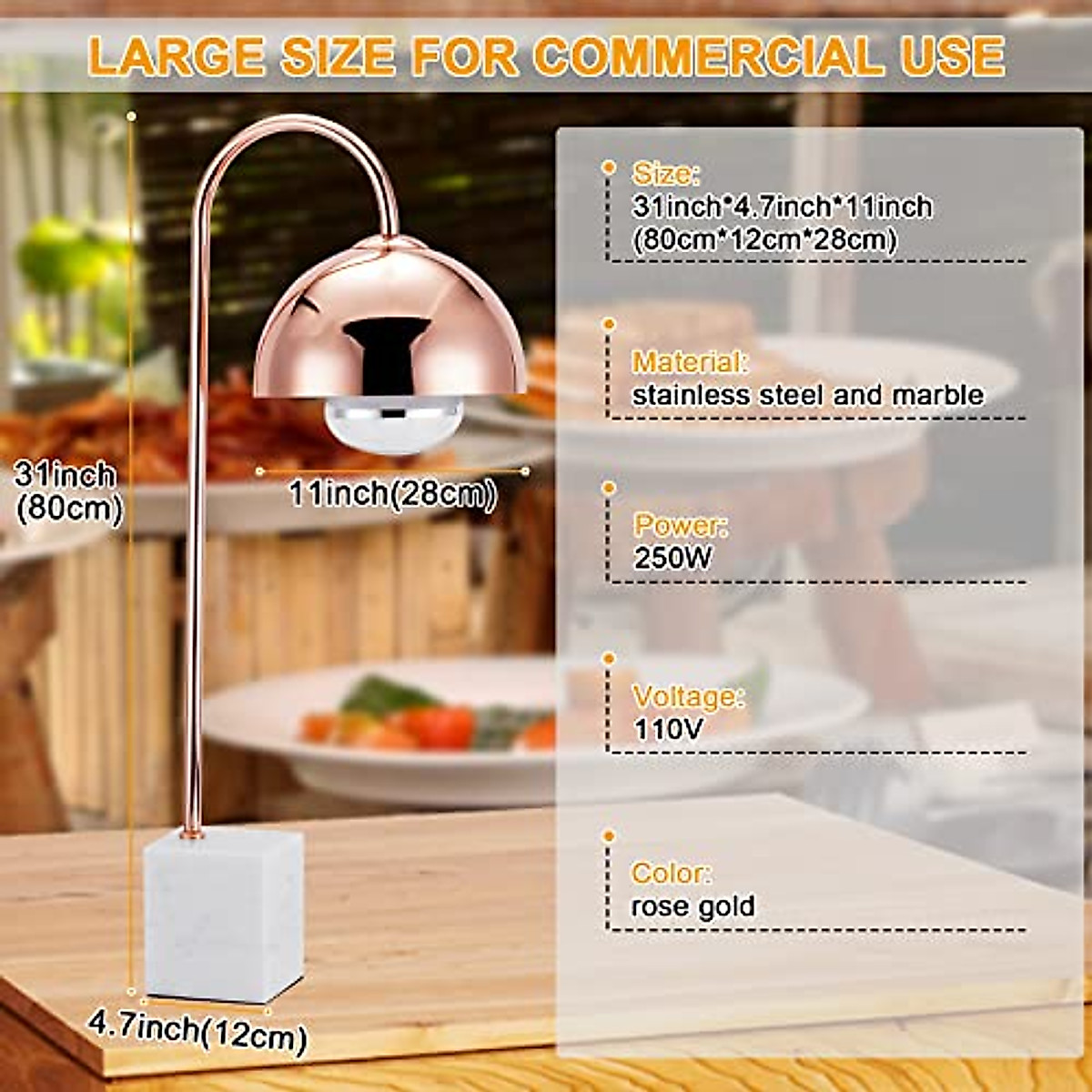 Commercial Food Heat Lamp with Marble Base Infrared Heating Bulb for Food Heating Warmer Light Lamp for Food Service Heat Lamp