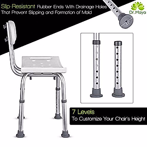 Dr. Maya Bath and Shower Chair Seat with Back (Adjustable) - Anti-Slip Bench Bathtub Stool for Elderly or Seniors (Bathroom Safety) - with Free Suction Assist Grab Bar