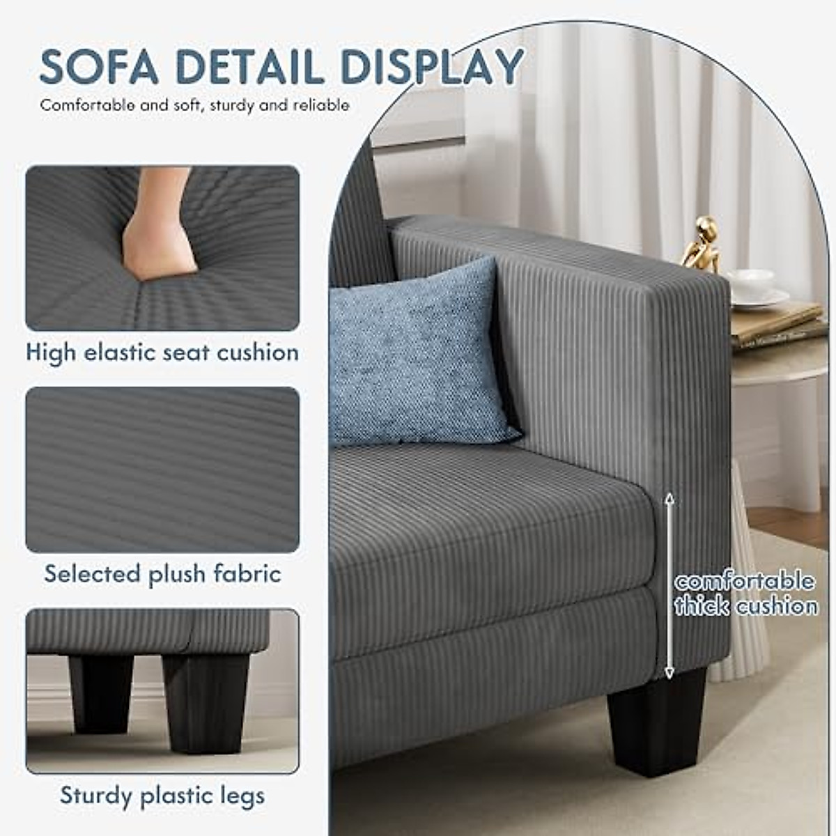 YESHOMY L-Shaped Convertible Sectional Sofa, 3 Seater with Corduroy Fabric, Complete with Mobile Footrest, 70", Gray