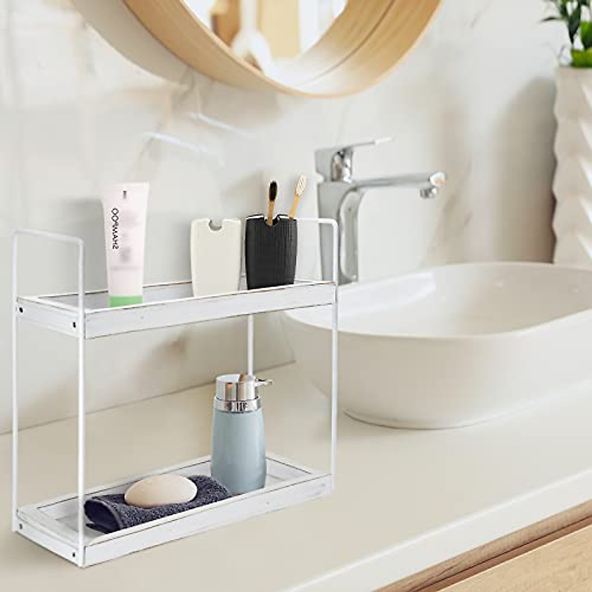 2 Tier Bathroom Countertop Organizer, Counter Standing Rack Cosmetic Holder, Countertop Storage Shelf Cosmetic Organizer Holder, Detachable Kitchen Spice Rack Wire Basket Storage Counter Shelf