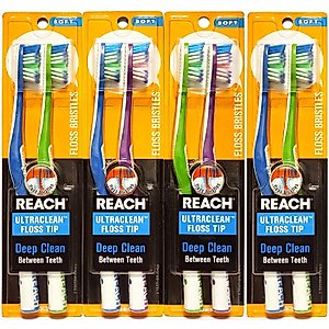 Reach Ultra-Clean Floss Tip Soft Toothbrush, Assorted Colors, 2 Count (Pack of 4) Total 8 Toothbrushes