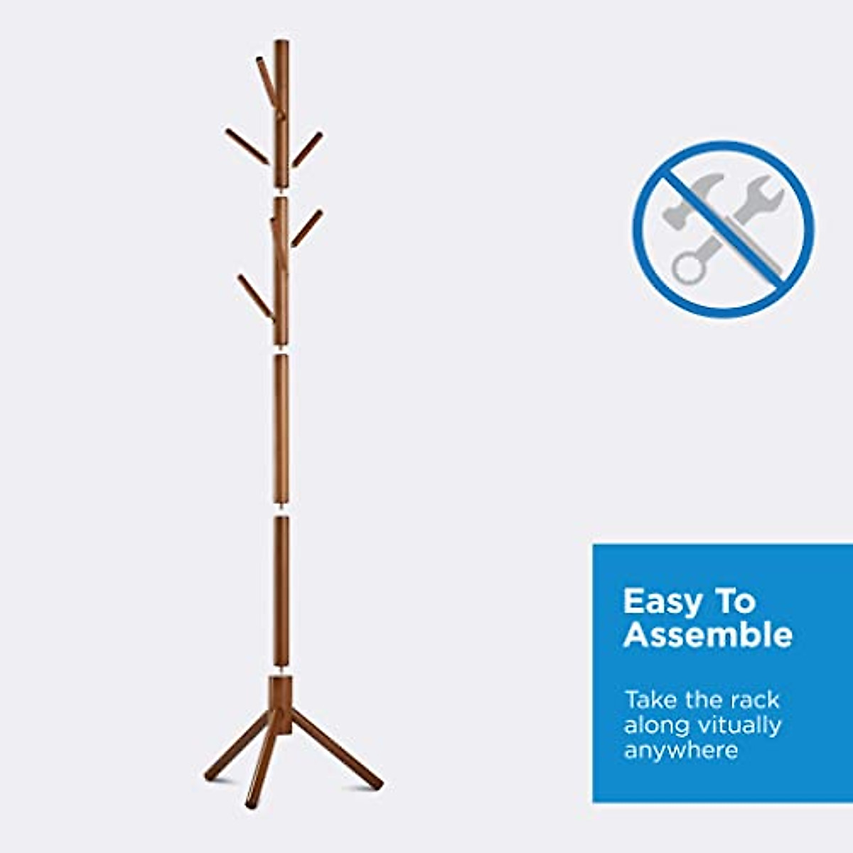 MELDEVO Wooden Tree Coat Rack Stand, 6 Hooks - Super Easy Assembly NO Tools Required - 3 Adjustable Sizes Free Standing Coat Rack, Hallway/Entryway Coat Hanger Stand for Clothes, Suits, Accessories