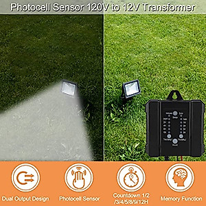Derekland Low Voltage Transformer, 100W Landscape Lighting Transformer with Timer and Photocell Sensor, Waterproof Dual Output 120V to 12V DC Power Supply for Spotlight Pathway Light Deck Light