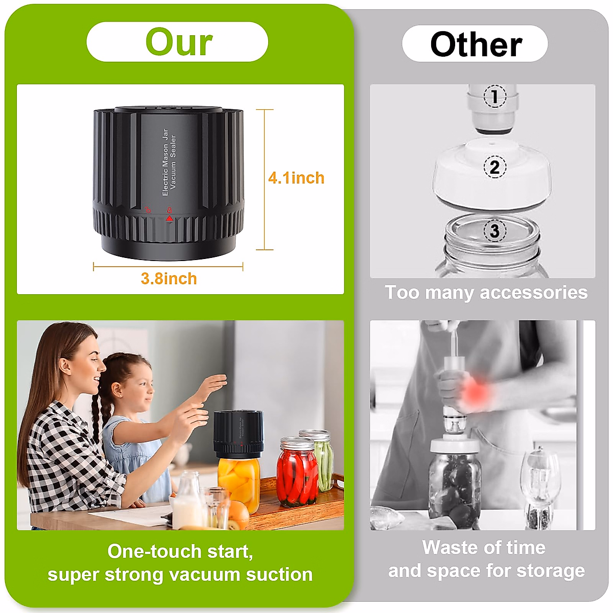 Electric Mason Jar Vacuum Sealer Kit, Portable Vacuum Sealer for Jars, Jar Sealer for Wide Mouth & Regular Mouth Mason Jar, Automatic Canning Sealer for Jars, Vacuum Sealer Mason Jar for Food Storage