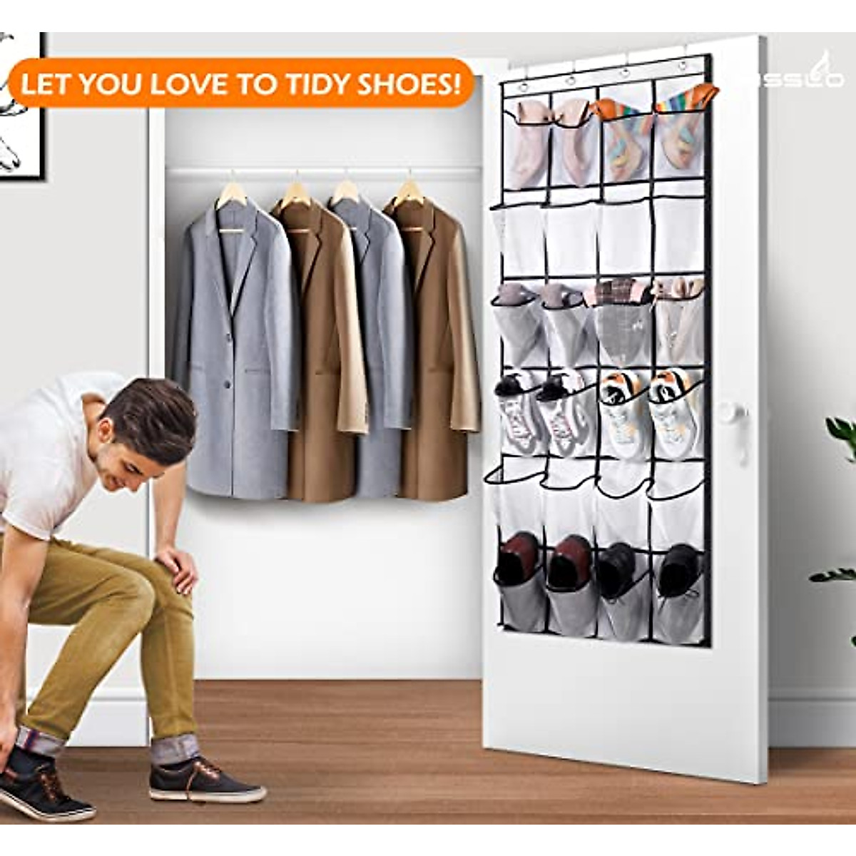 MISSLO Over The Door Shoe Organizer 24 Large Mesh Pockets, White
