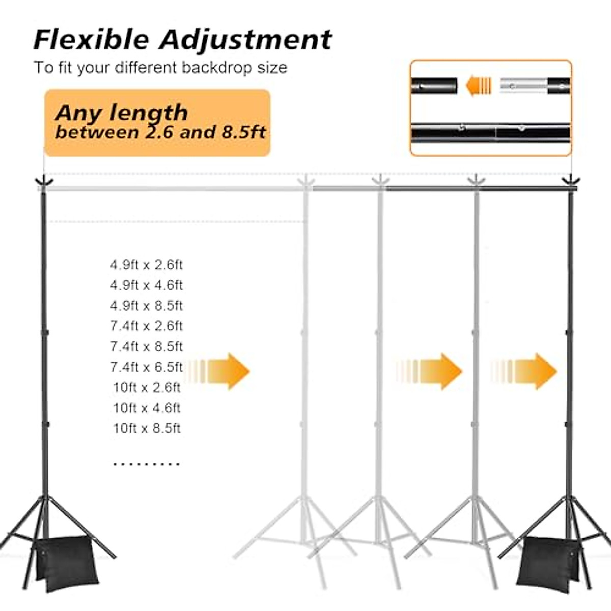 Backdrop Stand, Photo Video Studio 8.5 x10ft Adjustable Background Support System Kit with 2 Sandbag, 6 Backdrop Spring Clamp and Carry Bag for Photoshoot, Parties, Baby Shower, Birthday, Wedding