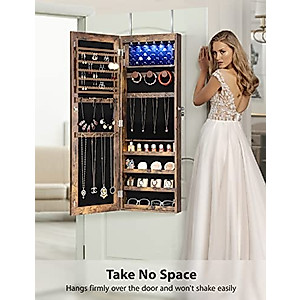 Nicetree 6 LEDs Mirror Jewelry Cabinet with 3 Improvements, 4.2" D Door/Wall Mounted Jewelry Armoire with Full Length Mirror, Larger Capacity, Rustic Brown