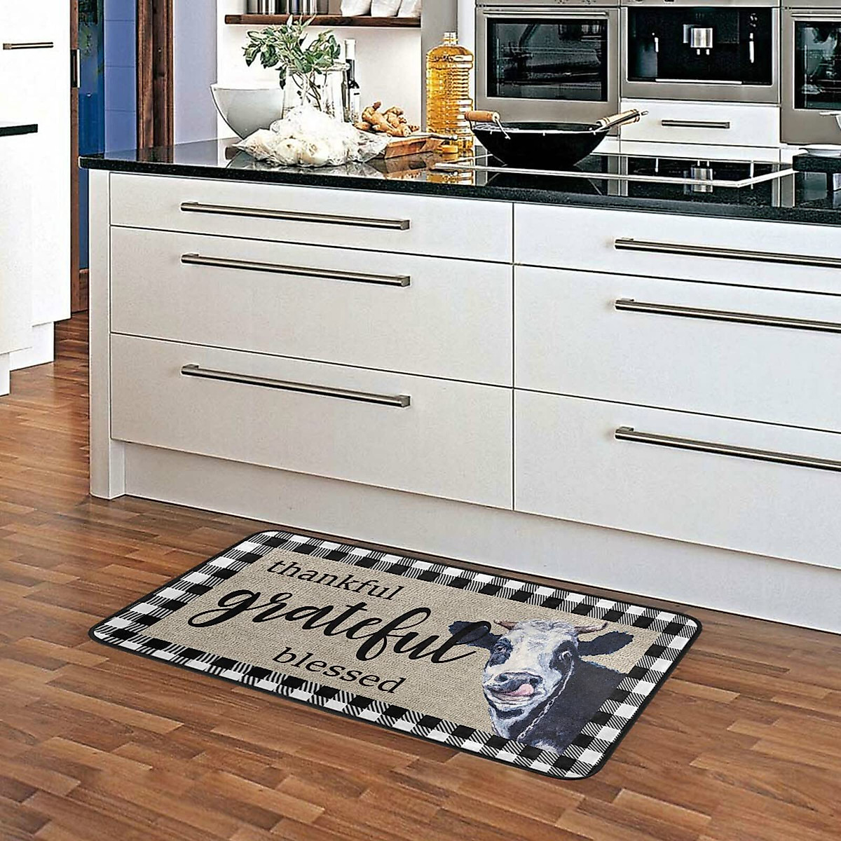 White Buffalo Plaid Kitchen Rugs Non Slip Kitchen Floor Mats Cushioned Farmhose Cow Kitchen Mats and Rugs Washable Anti Fatigue Mats for Laundry Sink Standing Home Office Decor - 39x20 IN Grateful