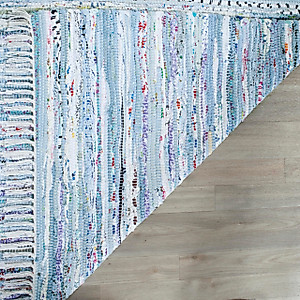 SAFAVIEH Rag Rug Collection Accent Rug - 2' x 3', Light Blue & Multi, Handmade Boho Stripe Cotton, Ideal for High Traffic Areas in Entryway, Living Room, Bedroom (RAR125A)