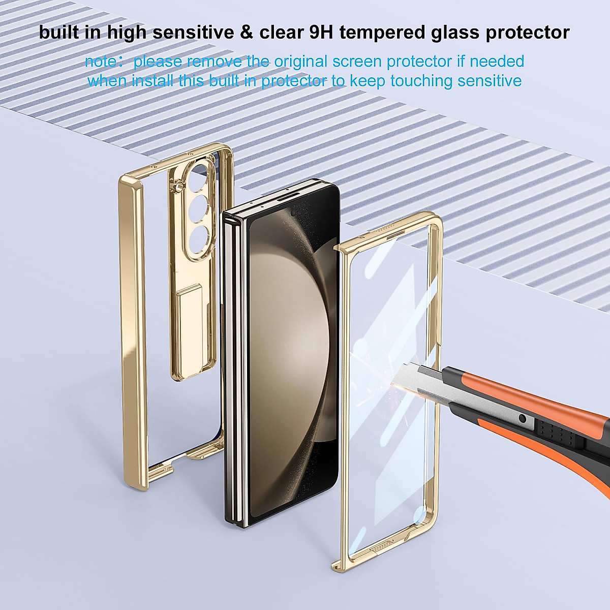 Libeagle Compatible with Samsung Galaxy Z Fold 5 Case, Non-Yellow Clear Back, Electroplated Frame, Full Hinge Protection, Screen Protector, Magnetic Stand, Thin and Slim Phone Cover 5G 2023, Gold