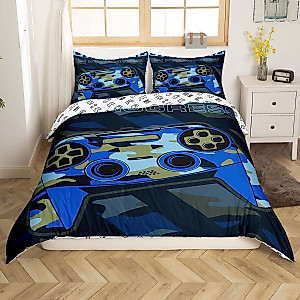 Feelyou Games Comforter Cover Twin Size,Gamepad Bedding Set for Boys,Kids Video Games Duvet Cover Set Modern Gamer Console Action Buttons Quilt Cover Teens Bedroom Decor Camo Navy Blue 2 Pcs