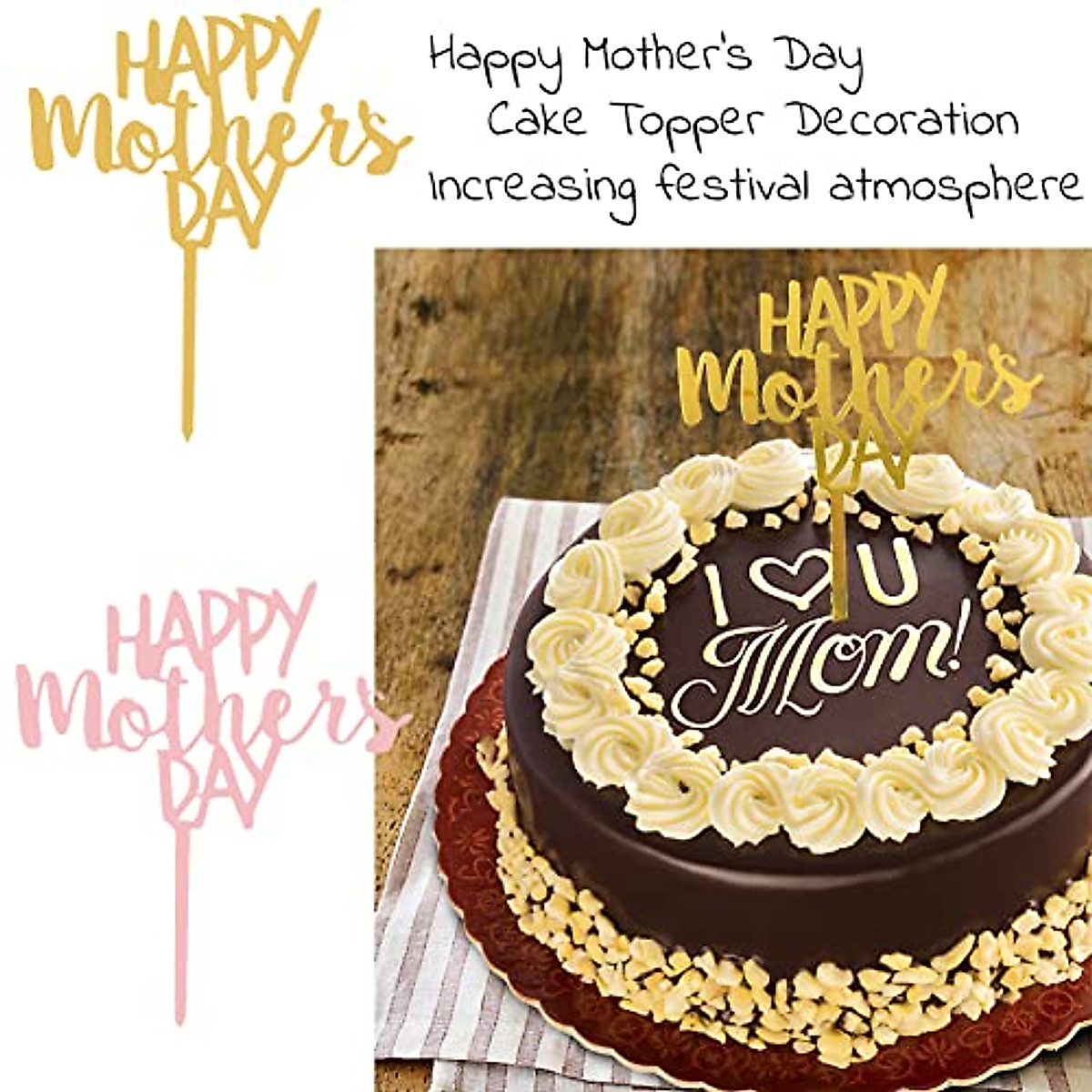 Happy Mothers Day Cake Topper, 10PCS Acrylic Glitter Mother's Day Cupcake Topper Decoration Picks for Birthday Mother's Day Cake Party Supplies (Gold -2)
