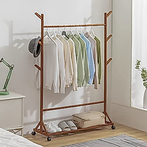 MoNiBloom Garment Racks with Wheels, Bamboo 2-in-1 Free-Standing Rolling Garment Rack Closet Organizer with Bottom Storage Shelf with 6 Hooks for Bedroom Entryway Office, Brown
