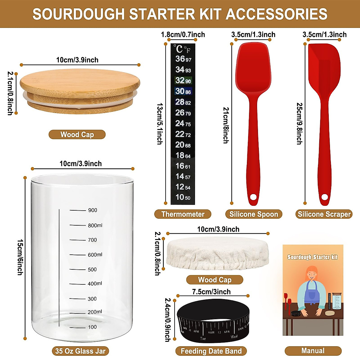 Sourdough Starter Jar Kit with 35 Oz/1000 ml Sourdough Bread Baking Supplies with Thermometer, Feeding Date Band, Silicone Scraper, Silicone Spoon Cloth Cover & Wood Lid, Wide Mouth Dough Starter Jar