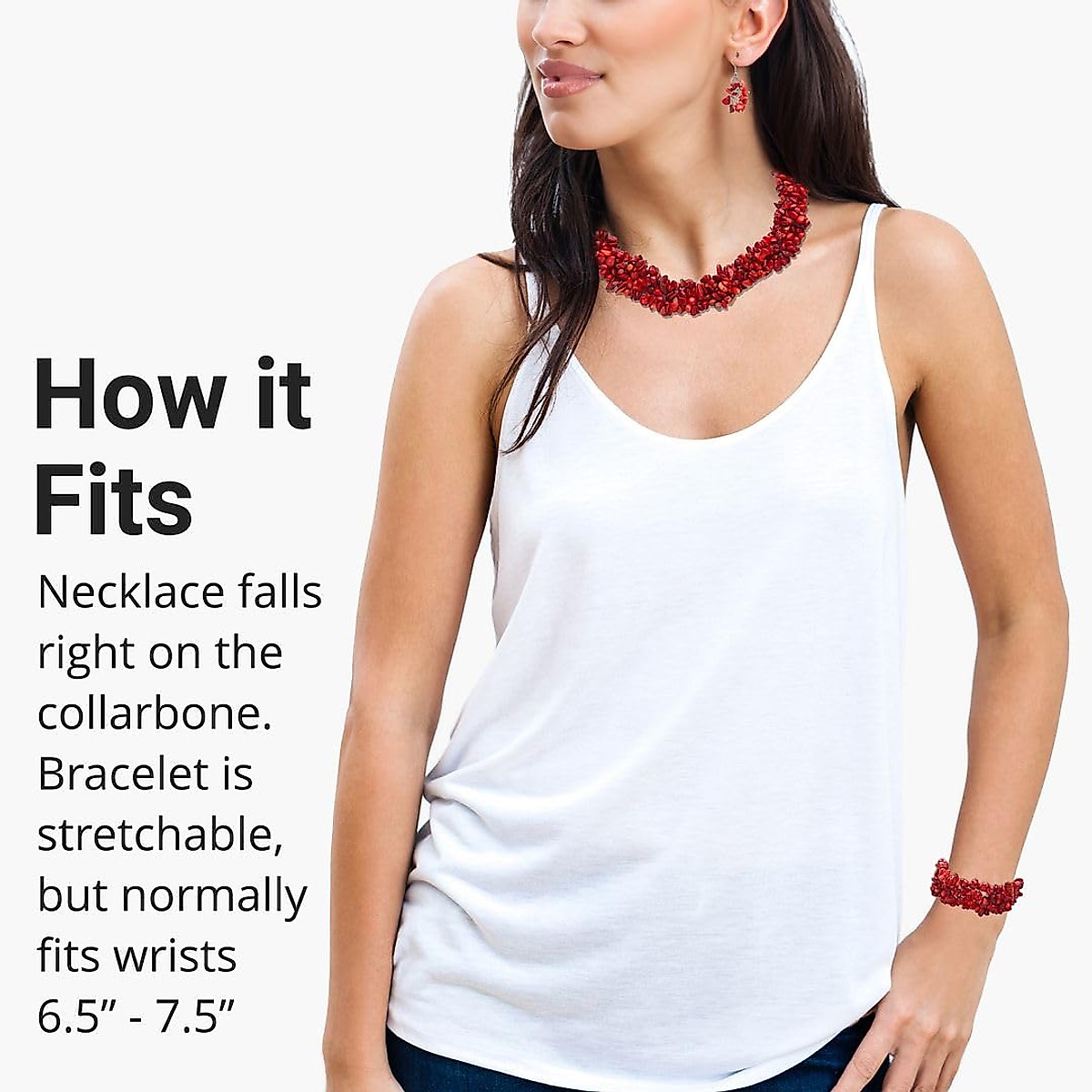 Shop LC Red Coral Gemstone Chips Necklace, Earrings & Bracelet Set - Cluster Stainless Steel Jewelry for Women - Boho Beach Healing Crystal Jewelry - Necklace Length 18" - Stretchable Bracelet Gifts