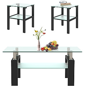 Glass Coffee Table End Table Sets of 3 for Living Room, Mordern Sofa Side Tables with Storage, Corner Table with Black Metal Leg, Rectangle Tempered Center Table Home Furniture Set