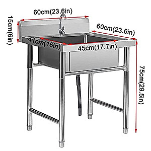 Stainless Steel Sink, Commercial Utility Kitchen Sink Multifunction Free Standing Movable Single?Bowl?Catering Sink Household Wash Vegetable Basin with Backsplash Faucet (60 * 60 * 80cm)