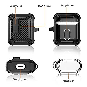 Lopnord for Airpod Case with Lock Compatible with Apple Airpods Case 2nd Generation Case, Rugged Case Cover for AirPods 1st Charging Case with Keychain for Men Women[Front LED Visible]