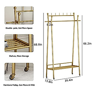 Gold Clothes Rack, Portable Rolling Clothing Racks for Hanging Clothes Heavy Duty Double Rod Boutique Clothing Garment Rack, Coat Rack with a Bottom Shelf 39.4”L