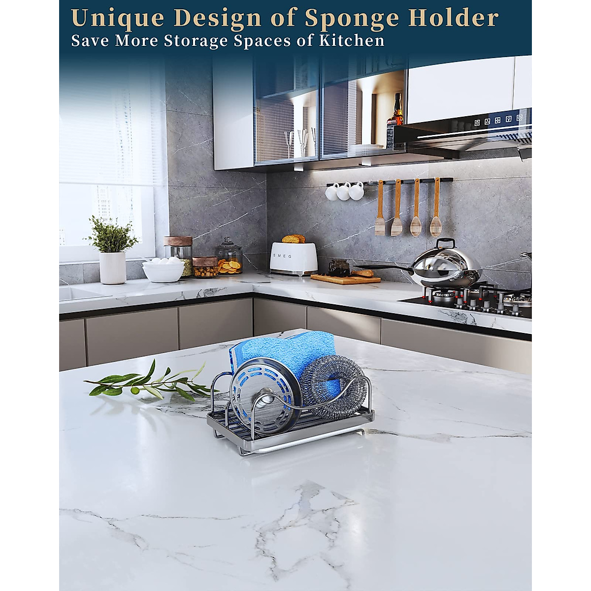 Consumest Sponge Holder for Kitchen Sink, Movable Sink Caddy for Countertop Organizer, 304 Stainless Steel Sink Sponge Holder with Detachable Drip Tray for Kitchen Accessories-Silver