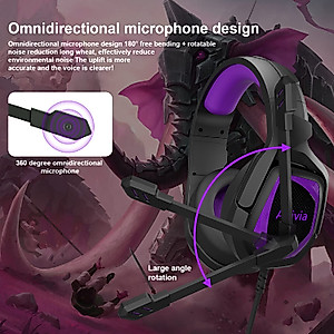 Anivia Over Ear Headphones Wired with Surround Sound, Bass, Volume-Control, Soft Memory Earmuffs for Multi-Platforms - 3.5mm Headsets Stereo Gaming Headset with Microphone - Black Purple