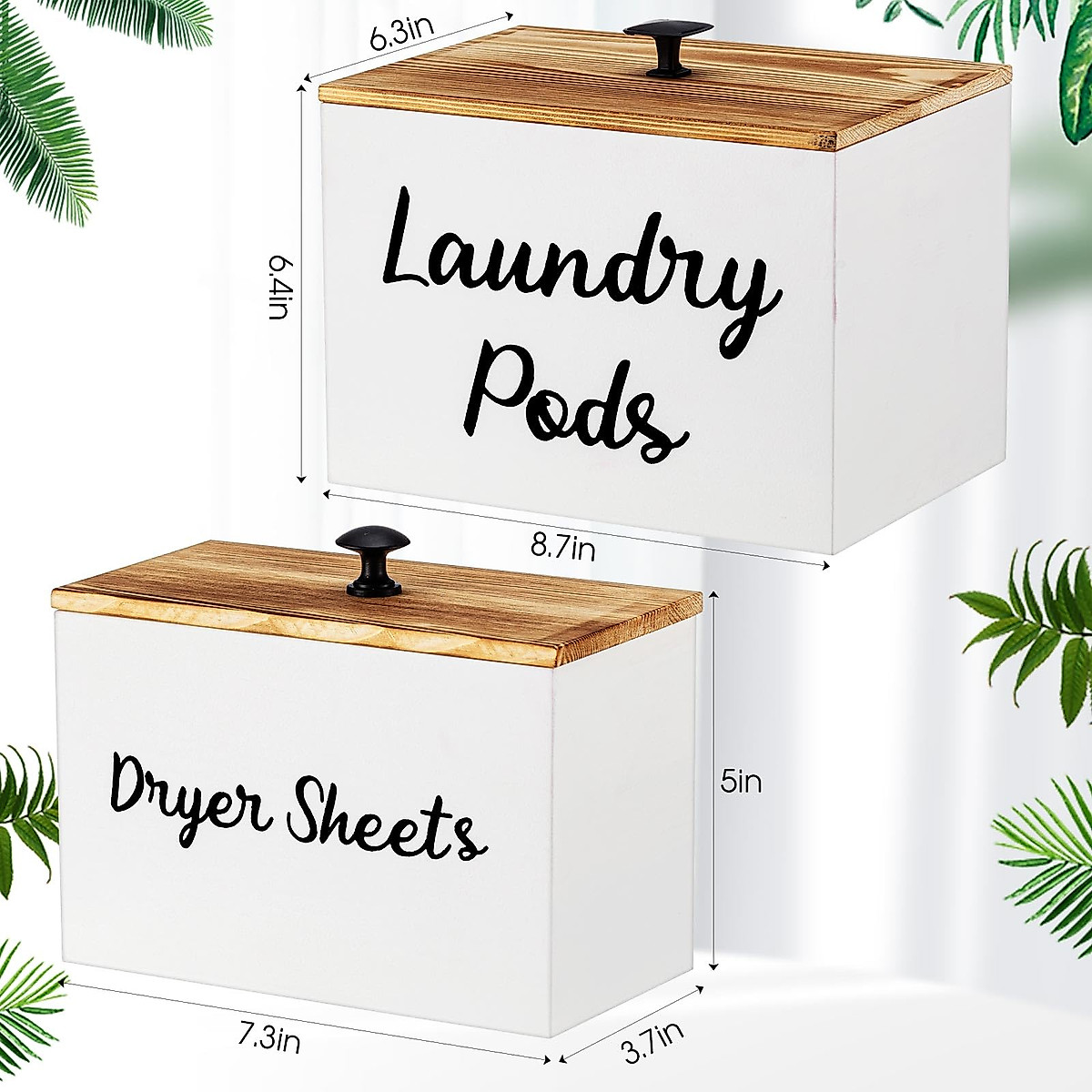 Dandat 2 Pcs Wood Laundry Dryer Sheet Holder Rustic Laundry Pod Container with Lid 8.7 x 6.3 x 6.4 Inch Laundry Pod Holder 7.3 x 3.7 x 5 Inch Dryer Sheet Dispenser Laundry Wooden Box Container (White)