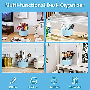 Marbrasse Desk Organizer, 360-Degree Rotating Pen Holder for Desk, Desk Organizers and Accessories with 5 Compartments Pencil Organizer, Art Supply Storage Box Caddy for Office, Home （Light Blue）