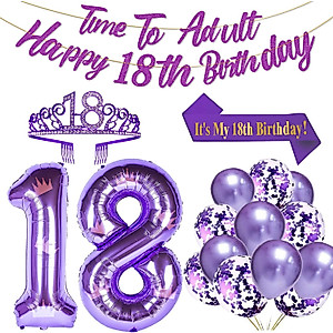 Purple18th Birthday Decorations for Girls Purple 18th Birthday Banner 40 Inch NO. 18 Purple Foil Balloons Purple Confetti Balloons 18th Purple Party Set (Purple-18)